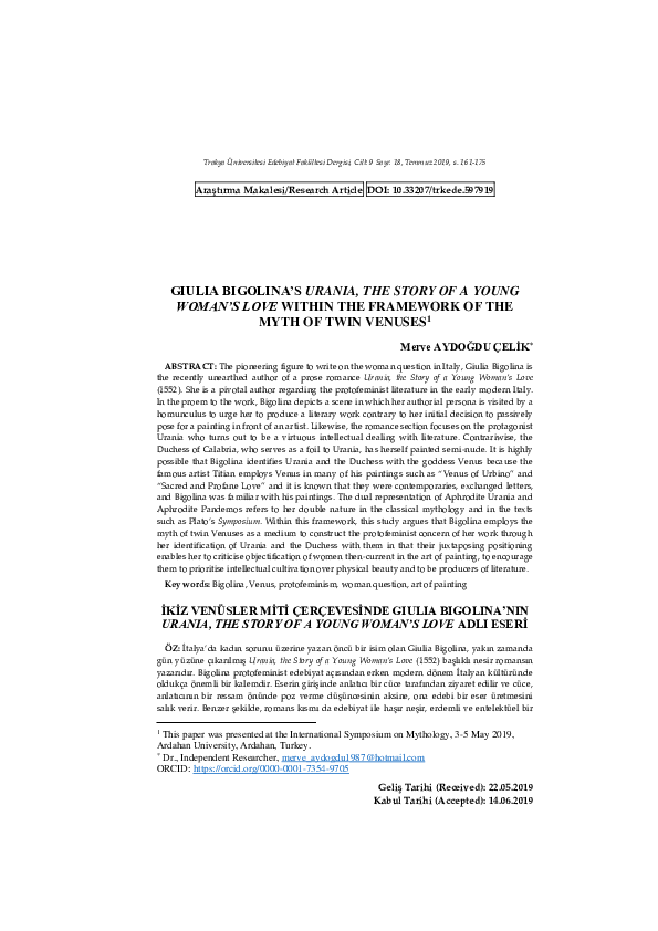 (PDF) GIULIA BIGOLINA'S URANIA, THE STORY OF A YOUNG WOMAN'S LOVE ...