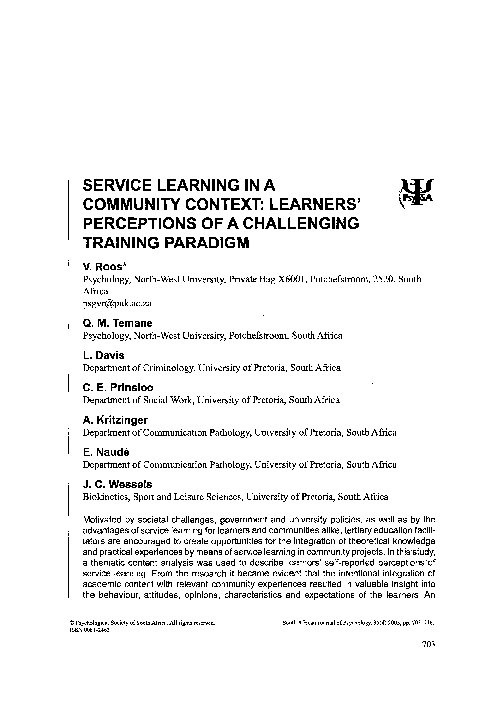 (PDF) SERVICE LEARNING IN A COMMUNITY CONTEXT: LEARNERS' PERCEPTIONS OF ...