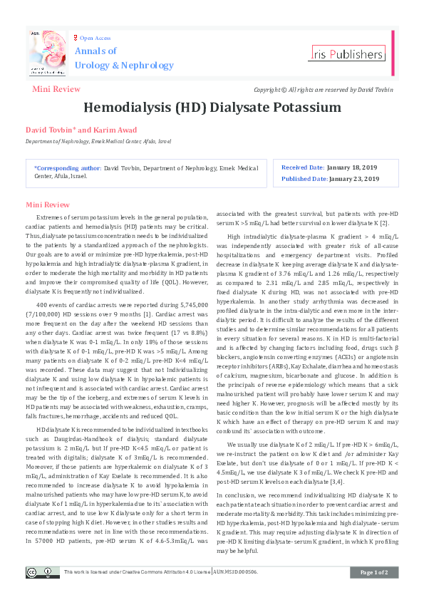 (PDF) Hemodialysis (HD) Dialysate Potassium Mini Review Mini Review