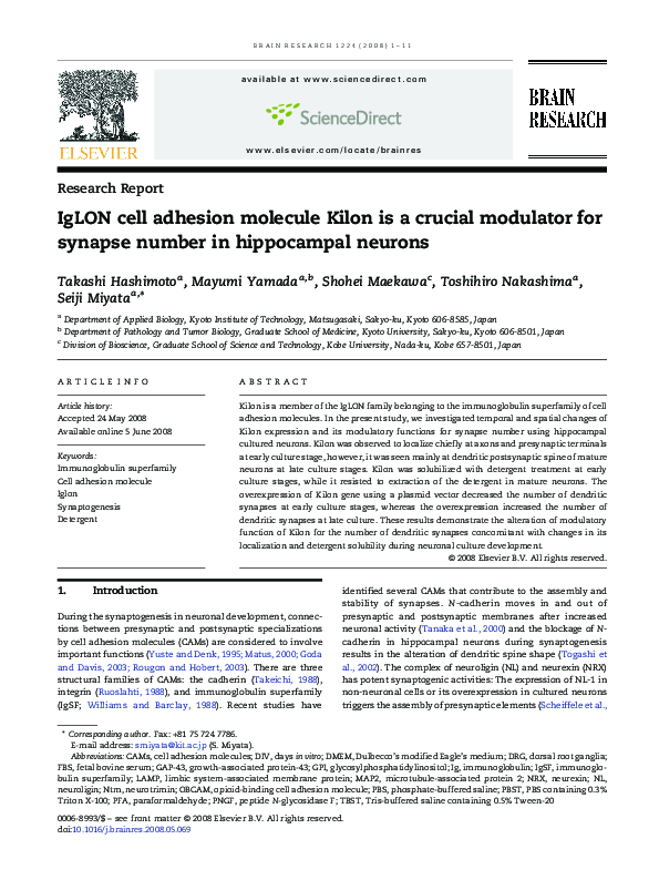 (PDF) IgLON cell adhesion molecule Kilon is a crucial modulator for ...