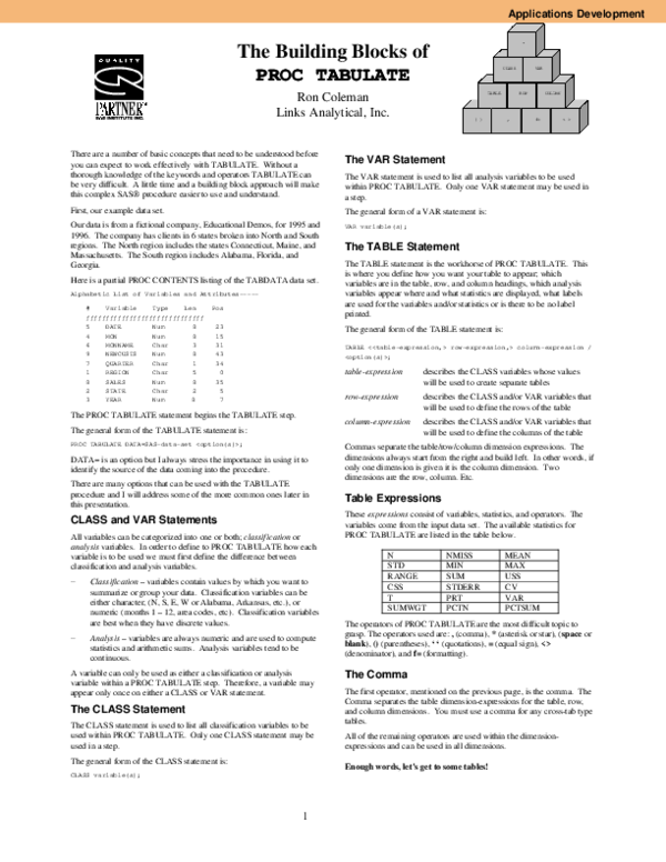 Pdf The Building Blocks Of Proc Tabulate Proc Tabulate