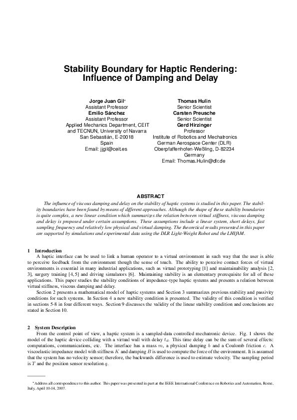 (PDF) Stability Boundary for Haptic Rendering: Influence of Damping and Delay