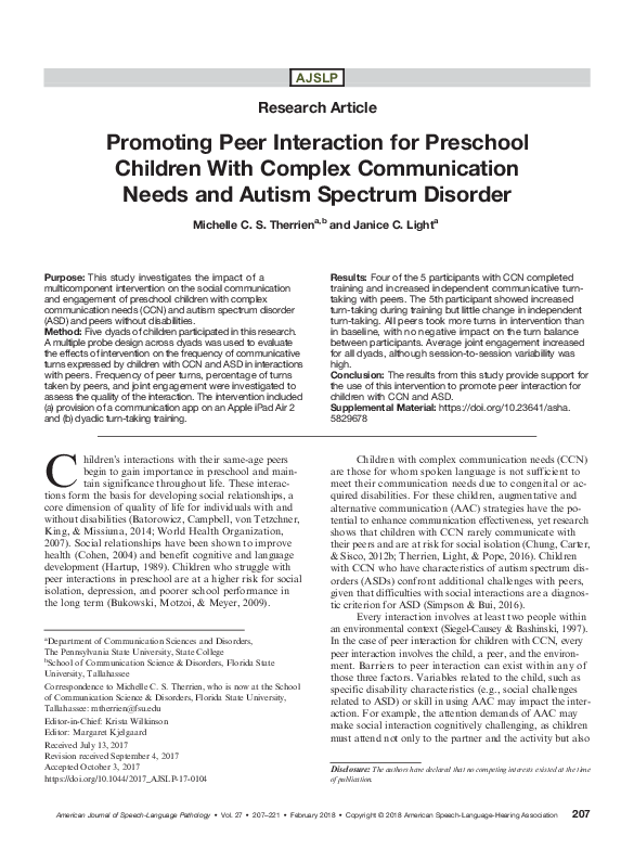 (PDF) Promoting Peer Interaction for Preschool Children With Complex ...