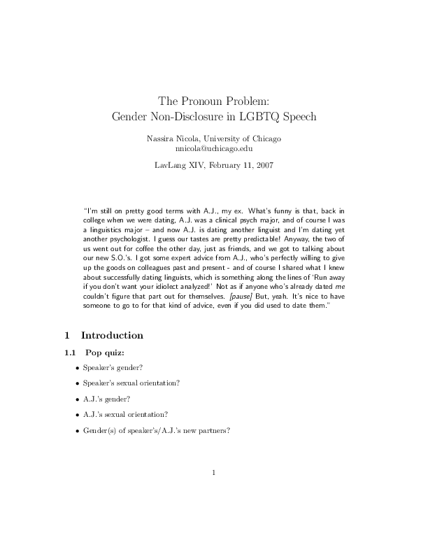 (PDF) The Pronoun Problem: Gender Non-Disclosure in LGBTQ Speech