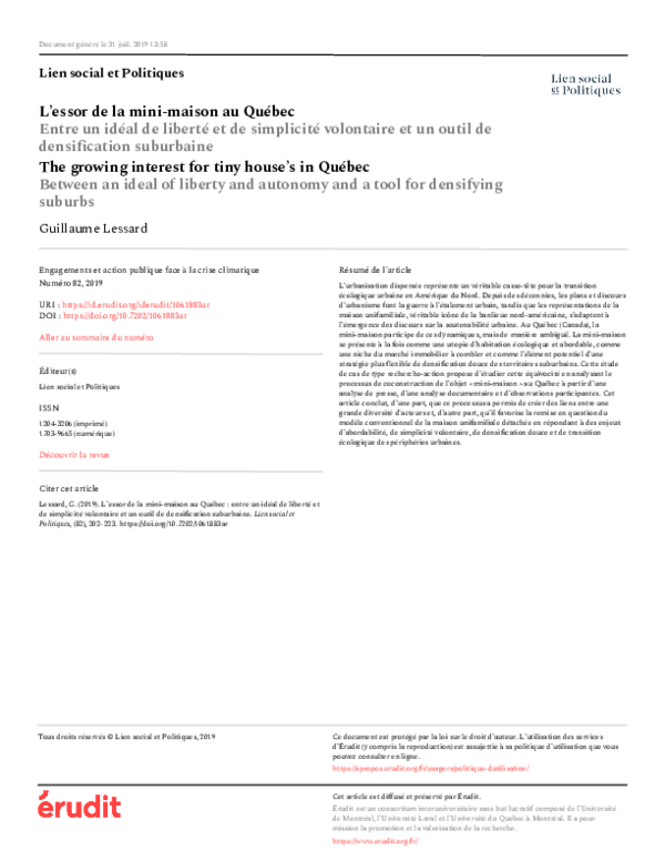 (PDF) Guillaume Lessard - L’essor de la mini-maison au Québec : Entre ...