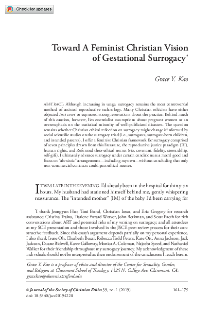 (PDF) "Toward A Feminist Christian Vision of Gestational Surrogacy" (2019)