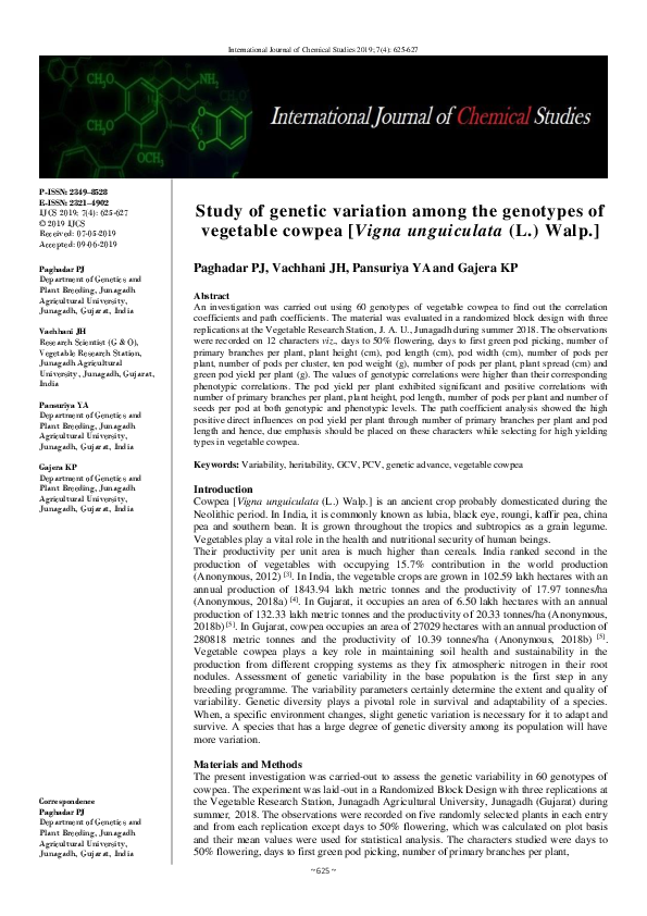 (PDF) Study of genetic variation among the genotypes of vegetable cowpea [Vigna unguiculata (L ...