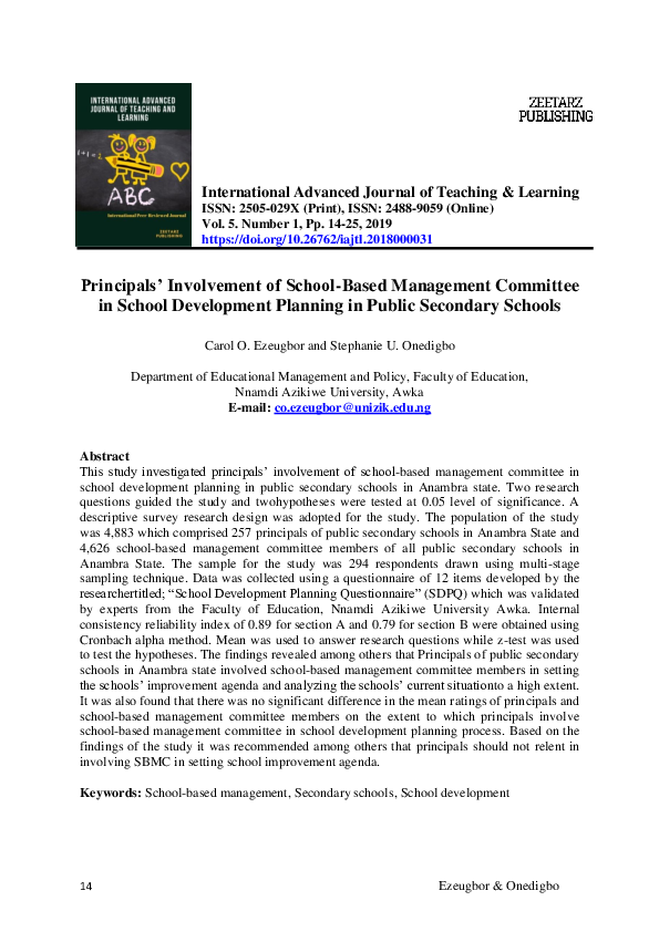 (PDF) International Advanced Journal of Teaching & Learning Principals' Involvement of School ...