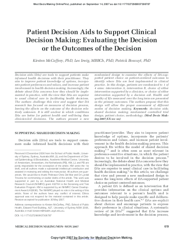 (PDF) Patient Decision Aids to Support Clinical Decision Making ...