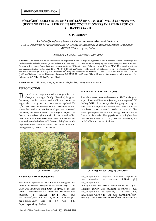 (PDF) FORAGING BEHAVIOUR OF STINGLESS BEE, TETRAGONULA IRIDIPENNIS (HYMENOPTERA -APIDAE) IN ...