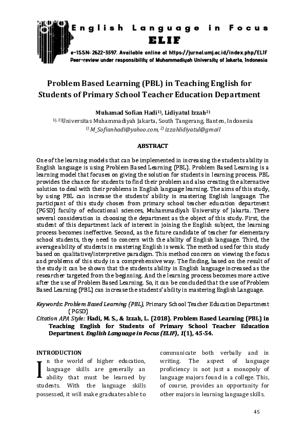 (PDF) Problem Based Learning (PBL) in Teaching English for Students of ...