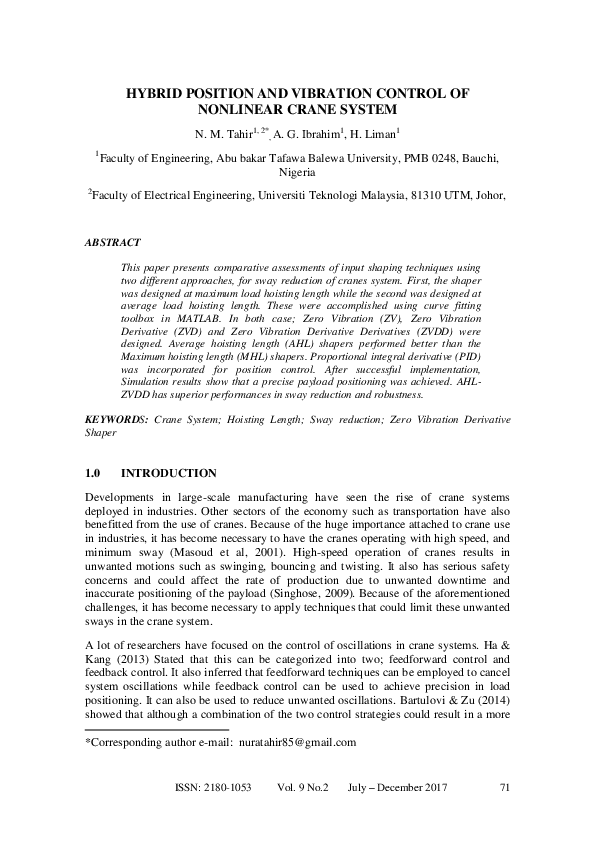 Pdf Hybrid Position And Vibration Control Of Nonlinear Crane System