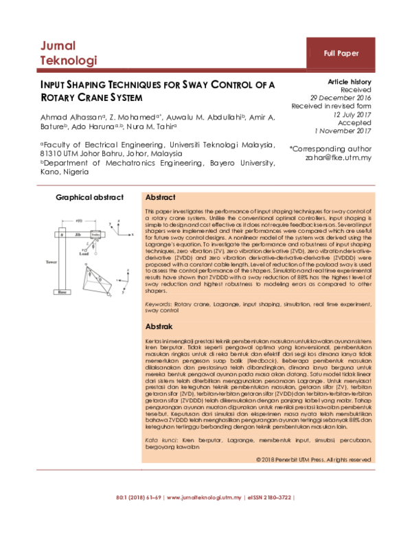 (PDF) Effective Input Shaping for Crane Sway Control