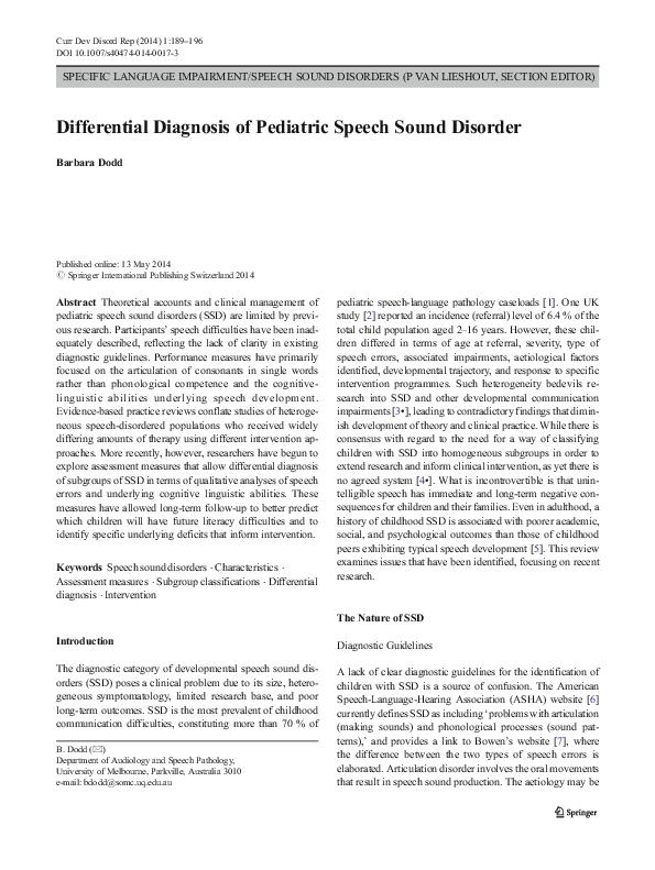 (PDF) Differential Diagnosis of Pediatric Speech Sound Disorder