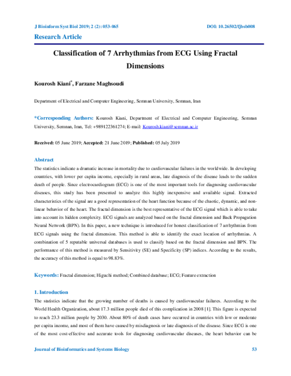Pdf Classification Of 7 Arrhythmias From Ecg Using Fractal Dimensions