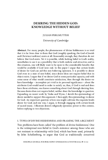 (PDF) Desiring the Hidden God: Knowledge Without Belief