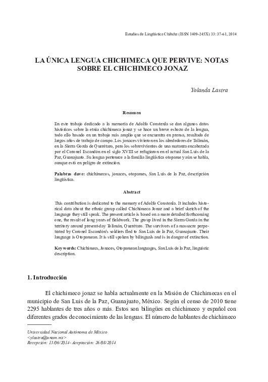 (PDF) LA ÚNICA LENGUA CHICHIMECA QUE PERVIVE: NOTAS SOBRE EL CHICHIMECO ...