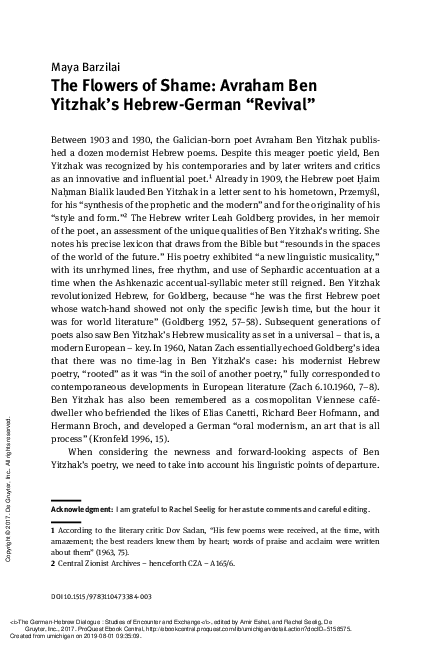 (PDF) The Flowers of Shame: Avraham Ben Yitzhak's German-Hebrew "Revival"