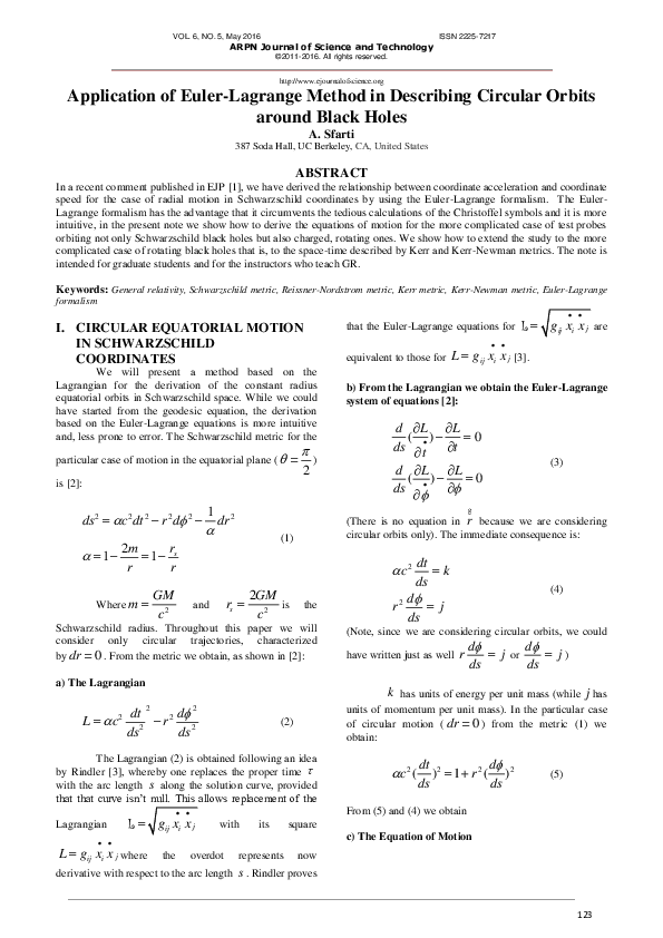 Pdf Application Of Euler Lagrange Method In Describing Circular Orbits Around Black Holes 7080