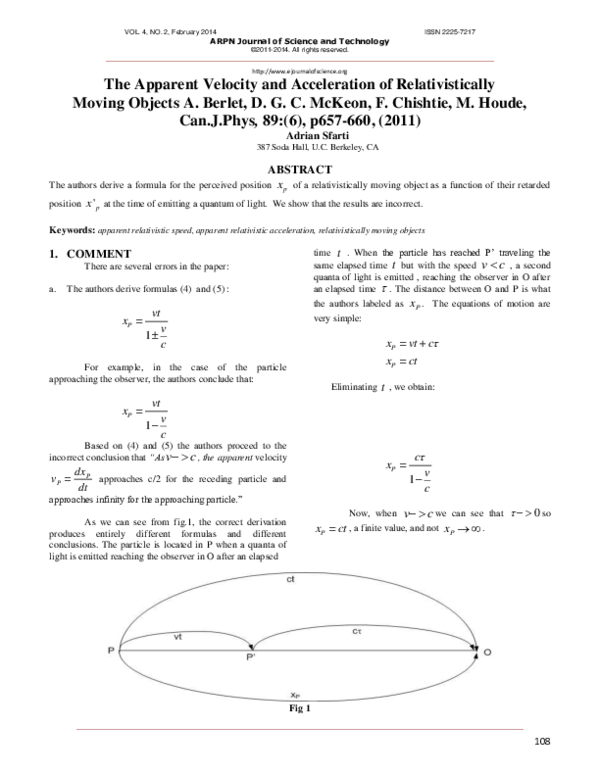 (PDF) The Apparent Velocity and Acceleration of Relativistically Moving ...