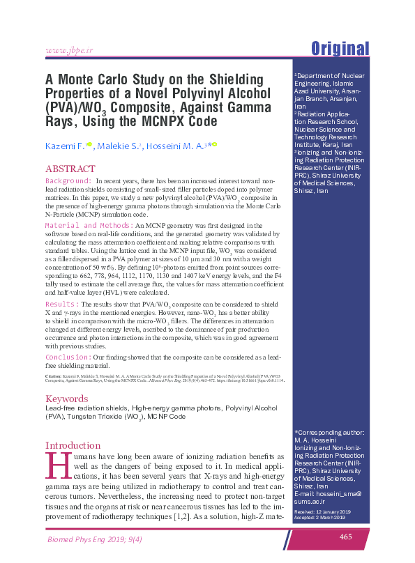 (PDF) A Monte Carlo Study on the Shielding Properties of a Novel Polyvinyl Alcohol (PVA)/WO 3 ...