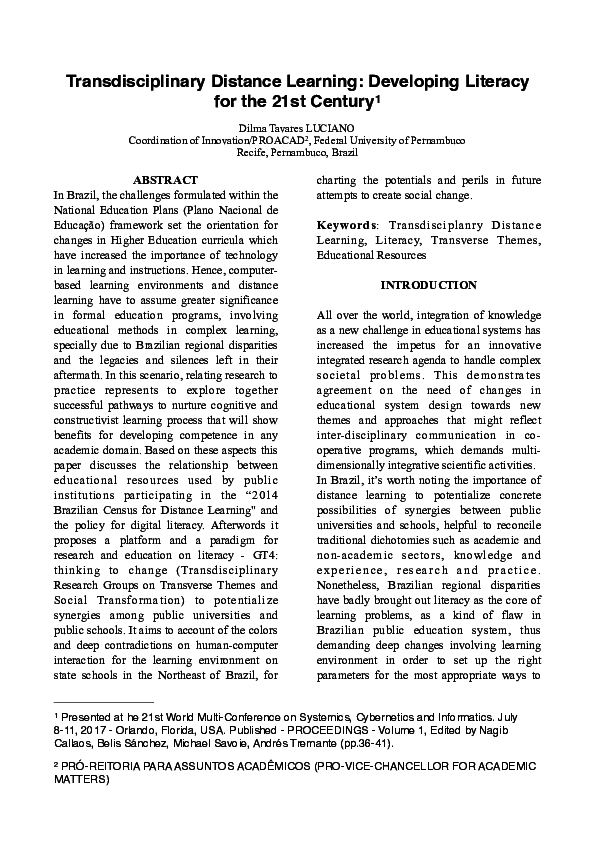 (PDF) Transdisciplinary Distance Learning: Developing Literacy for the 21st Century 1