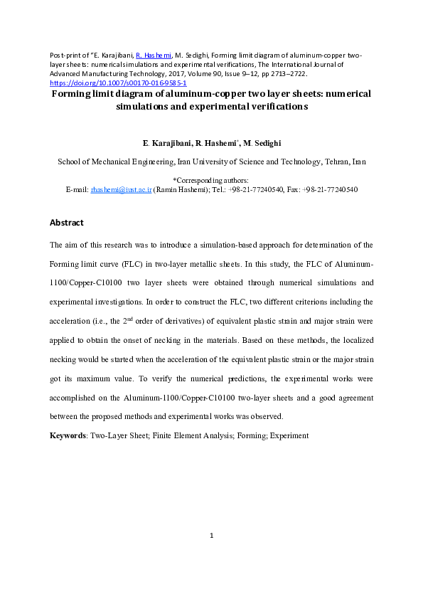 Pdf Forming Limit Diagram Of Aluminum Copper Two Layer Sheets Numerical Simulations And