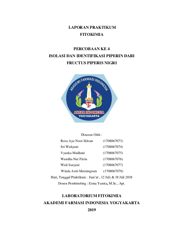 (PDF) LAPORAN PRAKTIKUM FITOKIMIA ISOLASI DAN IDENTIFIKASI PIPERIN DARI FRUCTUS PIPERIS NIGRI