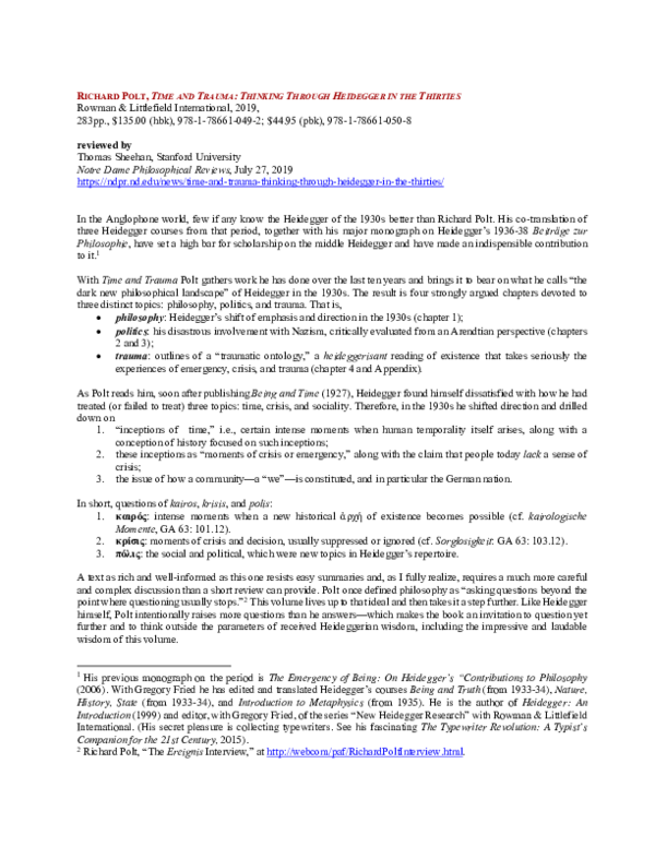 (PDF) HEIDEGGER IN THE 1930s - On Richard Polt's "Time and Trauma"