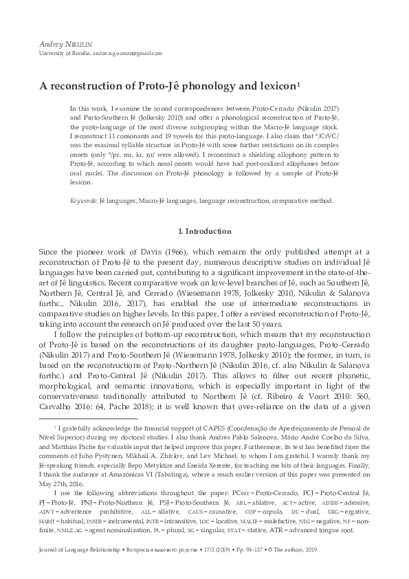 (PDF) A reconstruction of Proto-Jê phonology and lexicon