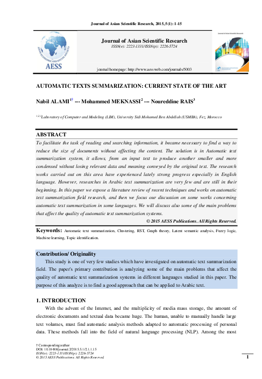 Pdf Automatic Texts Summarization Current State Of The Art