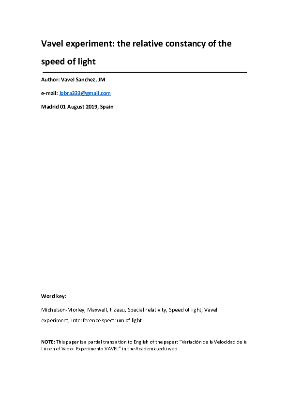 (PDF) Vavel experiment: the relative constancy of the speed of light