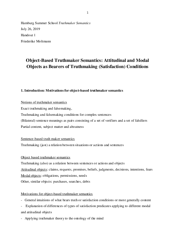 Pdf Handouts Object Based Truthmaker Semantics Hamburg Summer