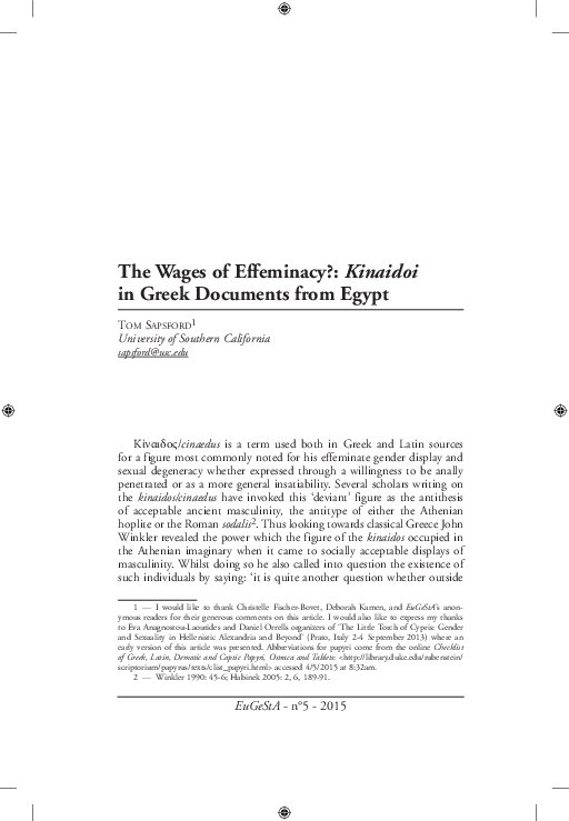 (PDF) The Wages of Effeminacy?: Kinaidoi in Greek Documents from Egypt