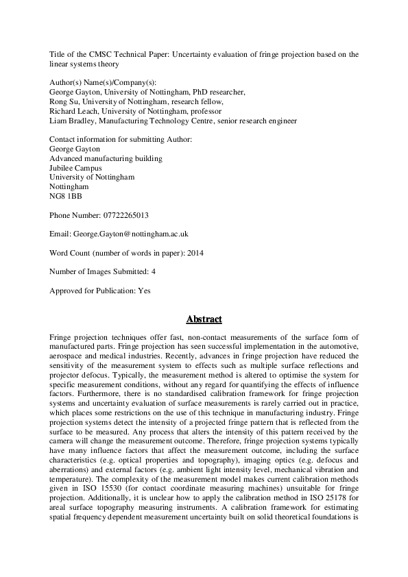 (PDF) Title of the CMSC Technical Paper: Uncertainty evaluation of fringe projection based on ...