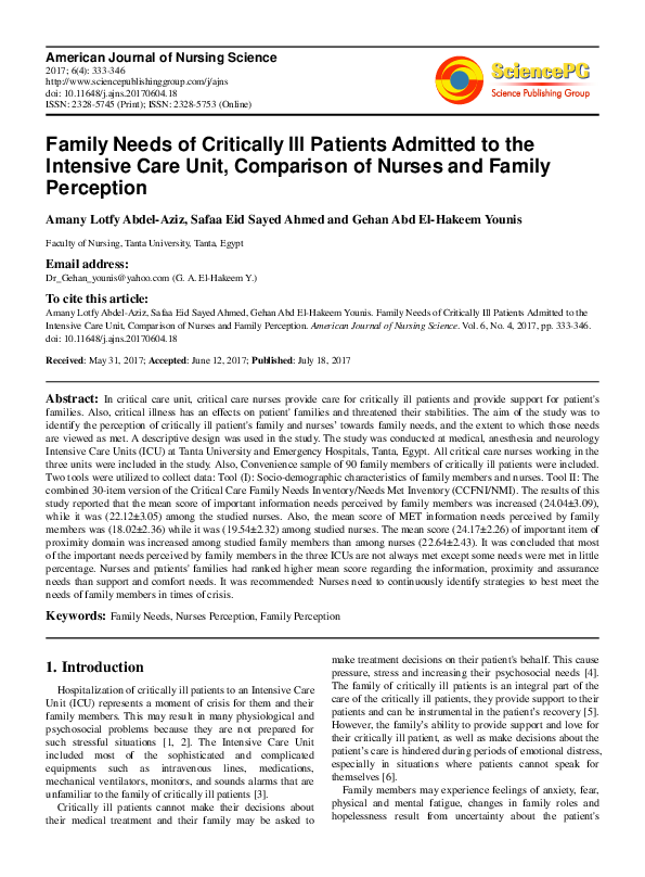 (PDF) Family Needs of Critically Ill Patients Admitted to the Intensive Care Unit, Comparison of ...