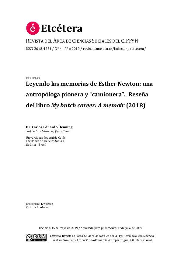 (PDF) HENNING ,C. E. 2019. Leyendo las memorias de Esther Newton. Una ...