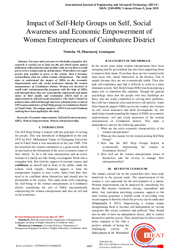 (PDF) Impact of Self-Help Groups on Self, Social Awareness and Economic ...