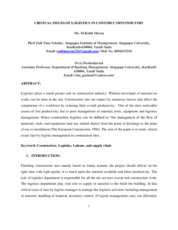 (DOC) CRITICAL ISSUES OF LOGISTICS IN CONSTRUCTION INDUSTRY