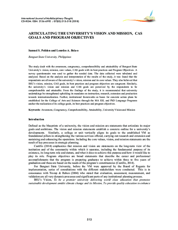 (PDF) ARTICULATING THE UNIVERSITY'S VISION AND MISSION, CAS GOALS AND ...