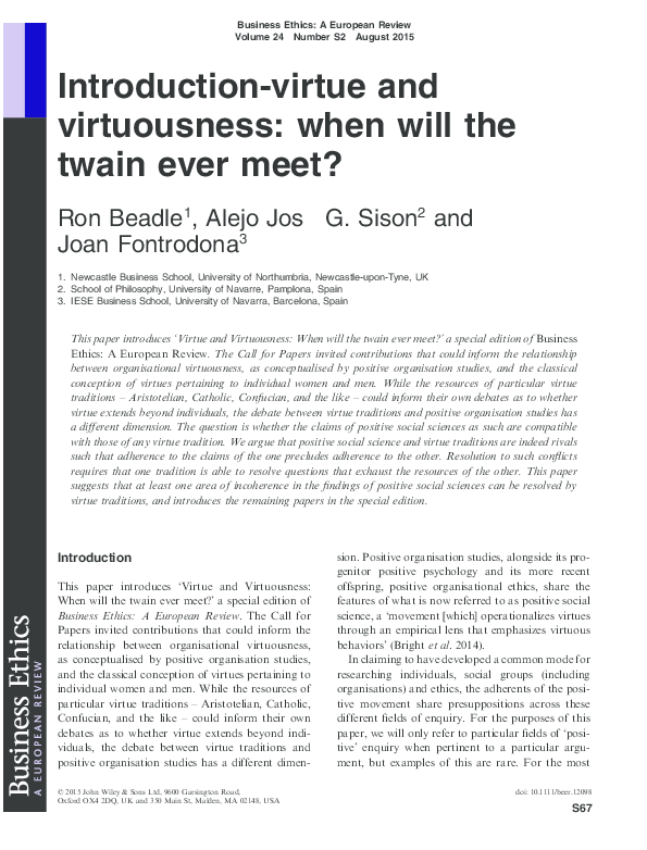 (PDF) 'Introduction: Virtue and Virtuousness; When will the twain ever ...