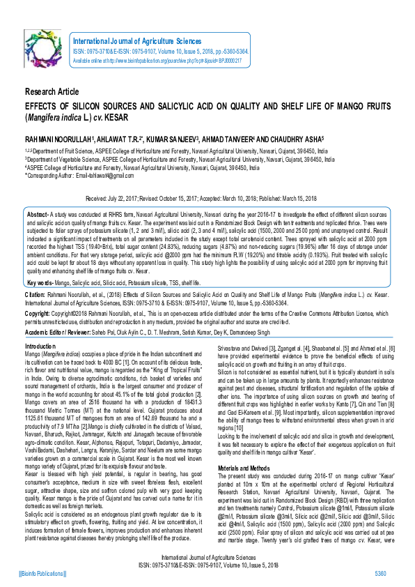 (PDF) Effects of Silicon Sources and Salicylic Acid on Quality and Shelf Life of Mango Fruits ...