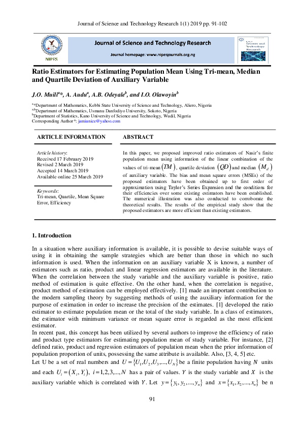 Pdf Ratio Estimators For Estimating Population Mean Using Tri Mean
