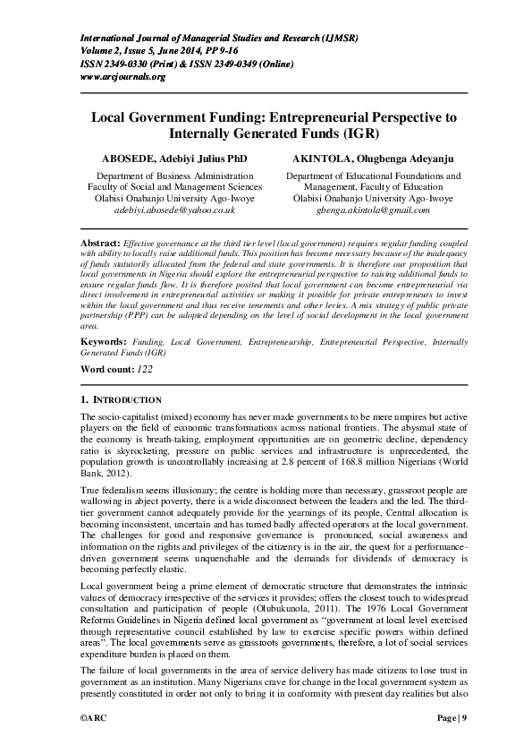 (PDF) Local Government Funding: Entrepreneurial Perspective to ...