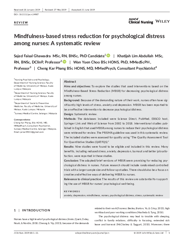 (PDF) Mindfulness-based stress reduction for psychological distress ...