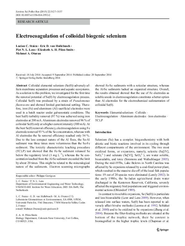(PDF) Electrocoagulation of colloidal biogenic selenium