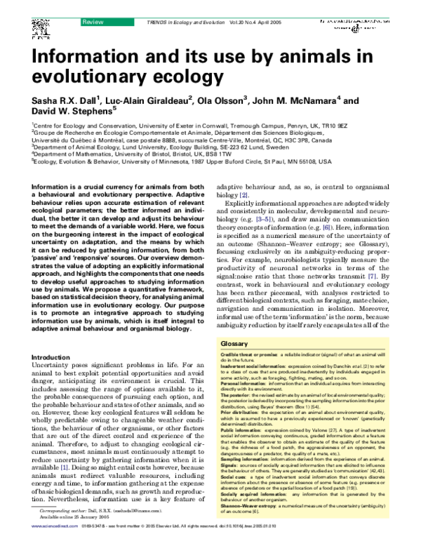 (PDF) Information and its use by animals in evolutionary ecology
