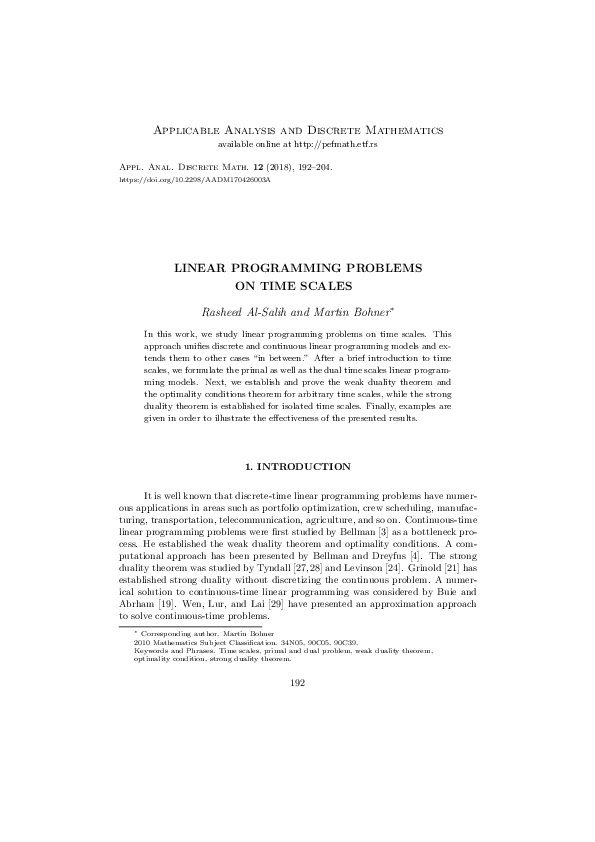 (PDF) Applicable Analysis and Discrete Mathematics LINEAR PROGRAMMING PROBLEMS ON TIME SCALES