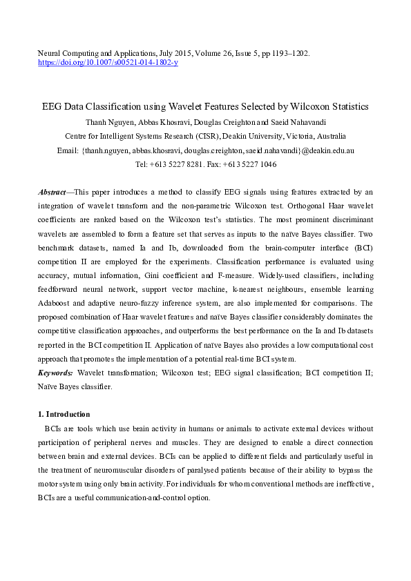 Pdf Eeg Data Classification Using Wavelet Features Selected By Wilcoxon Statistics