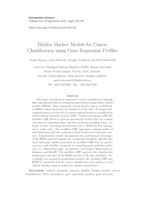 (PDF) Hidden Markov Models for Cancer Classification using Gene ...